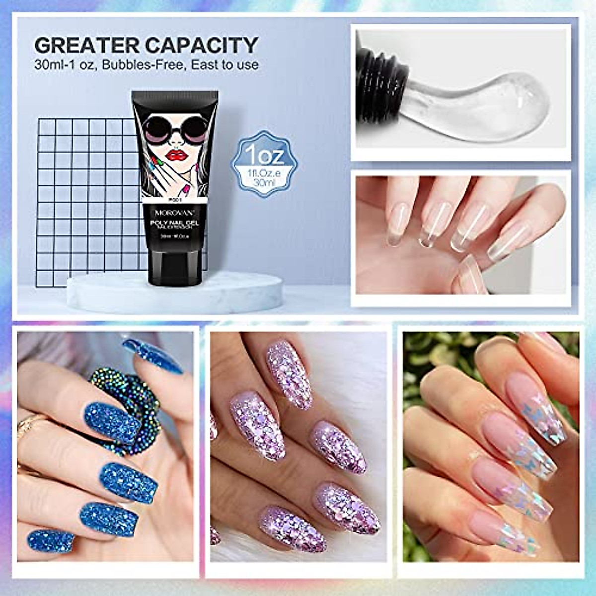 Morovan Poly Gel Nail Kit: Glitter Clear Poly Gel Nail Kit Starter Kit 18 Colors Poly Gel Nail Kit with U V Lamp DIY Poly Gel Kit with U V Light Nail Extension Kit