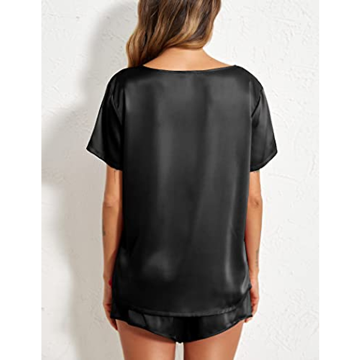 Ekouaer Womens Silk Pajamas Set Satin Sleepwear Short Sleeve Pjs Two Piece Sleep Set (Black,M)