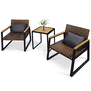 ENSTVER 3-Piece Wicker Patio loveseat Furniture Conversation Set,Outdoor loveseat with Coffee Table for Backyard, Porch, Deck, Garden