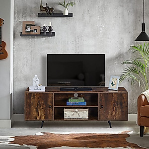 CLIPOP Mid Century Modern TV Console, 55" TV Stand for 65 Inch TVs, Wooden Entertainment Center with Storage, Open Shelf, Metal Leg for Living Room, Bedroom TV Cabinet for Flat Screens, Rustic Brown