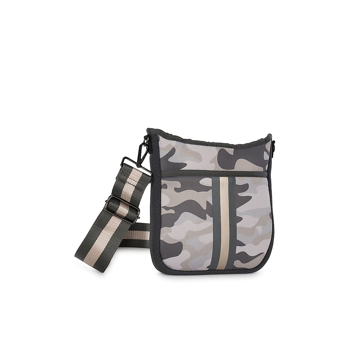 Haute Shore - Jeri Safari Crossbody Tote, Green Camo W/Black & Gold Stripe