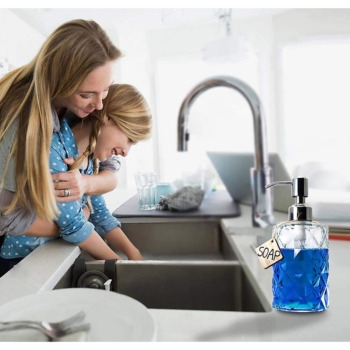 JASAI Diamond Design 12 Oz Glass Soap Dispenser, Kitchen Soap Dispenser with 304 Rust Proof Stainless Steel Pump, Bathroom Soap Dispenser for Hand Soap, Soap, Lotion(Clear)