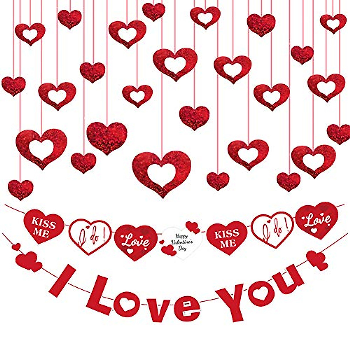 Valentines Day Heart Banner Decorations, I LOVE YOU Garland and Red Glitter Heart Swirl Hanging Kit, Best for Bridal Shower, Anniversary, Wedding, Love Party Supplies, Valentine's Day Tree, Home Décor