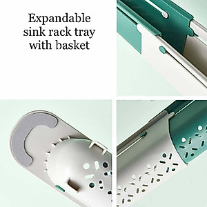 Adjustable Telescopic Sink Storage Organizer Rack Sponge Soap Drain Basket Expandable Organizer for Home Kitchen with Dish Cloth Hanger (Green)