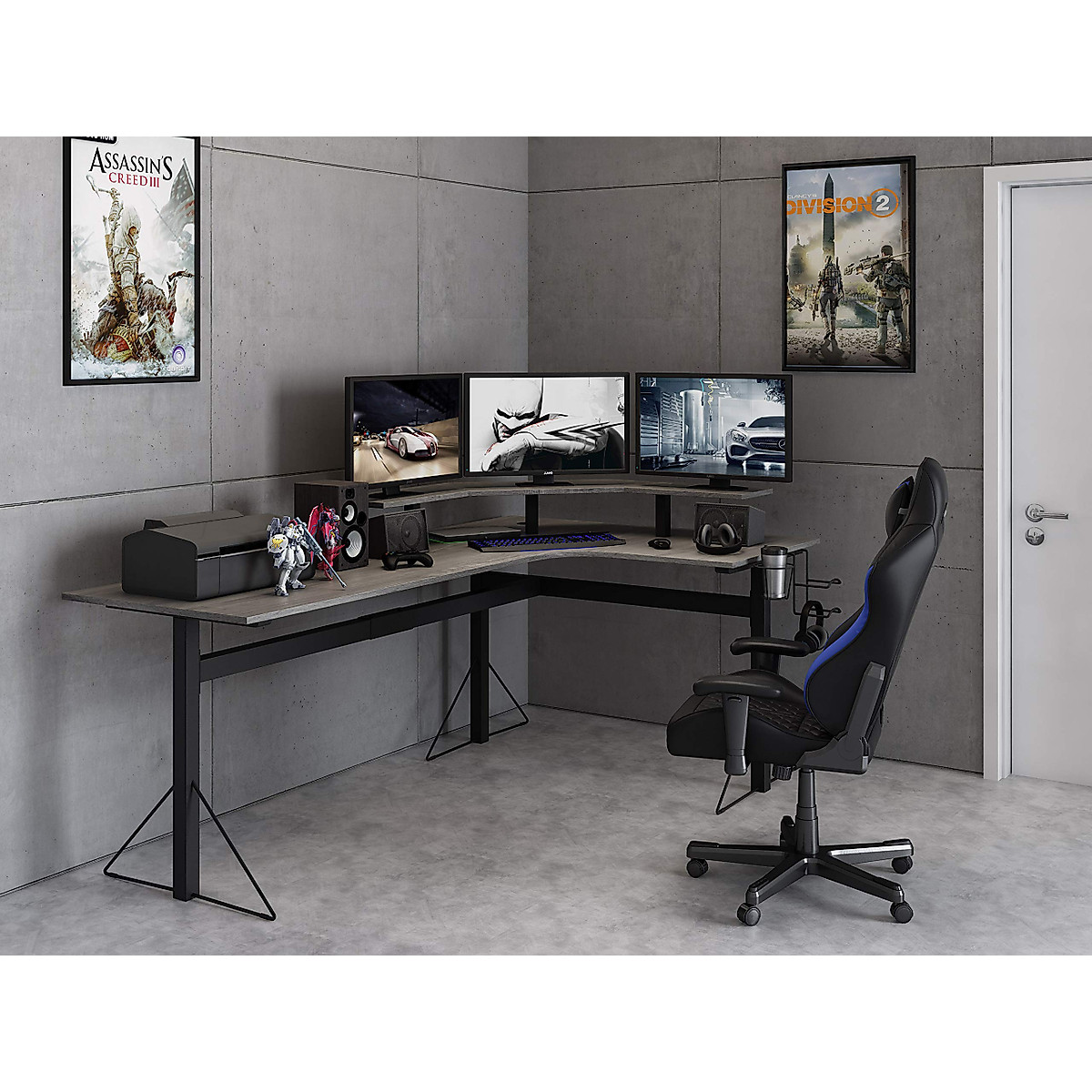 DAR CORE Computer Gaming L-Desk with Power, Gray/Black