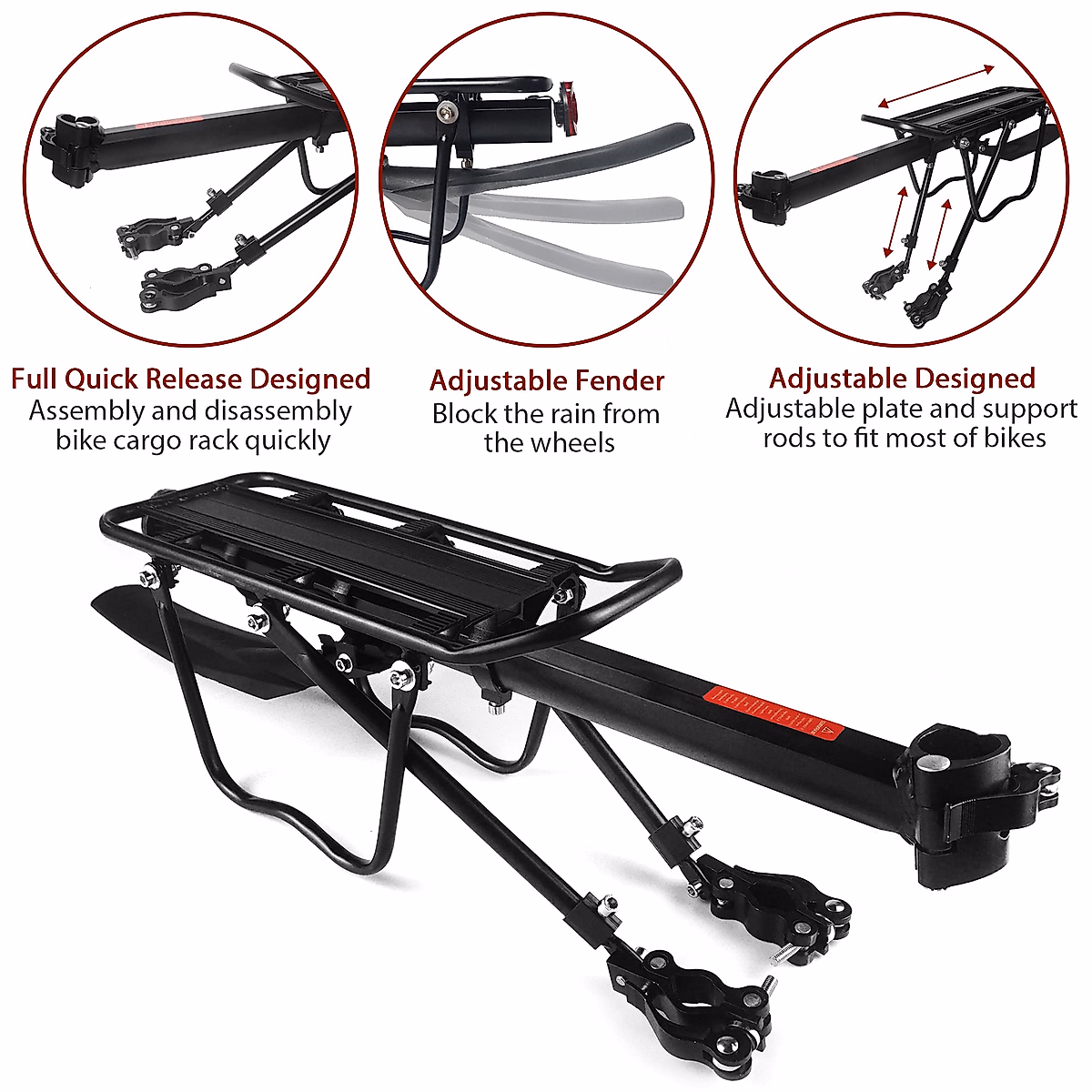Dirza Bike Cargo Rack - Rear Rack with Fender - Quick Release - Adjustable - Aluminum Alloy 115 lbs Capacity - Black