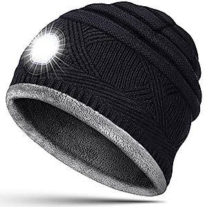 LED Beanie Hat Gift for Men Stocking Stuffers for Dad Grandpa Husband Boyfriend Him Adult Teens Women Unisex Soft Warm Comfortable Winter Knit Cap Headlamp Lighted Hat for Running Black