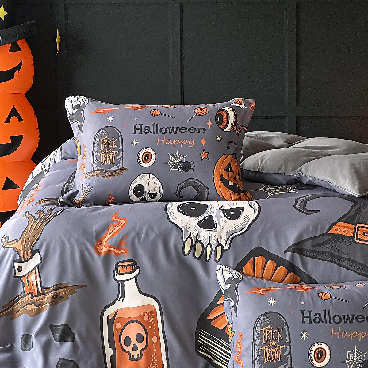 Halloween Duvet Cover Set Twin Size 3 Pieces with 2 Pillow Shams - Gray Halloween Pumpkin Festival Themed Bedding Set with Broom Tombstone Skeleton for Kids Boys Girls Teens Bedroom Decor