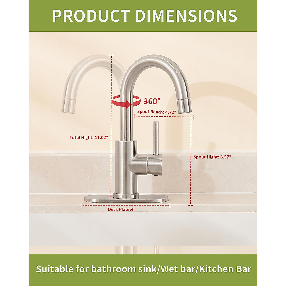Tohlar Bar Sink Faucet Brushed Nickel, Single Handle Bathroom Faucet for Sink 1 or 3 Hole, Wet Bar/Pre-Kitchen Faucet with 4-Inch Deck Plate & Sprayer, Bathroom Sink Faucet with 360°Swivel Spout
