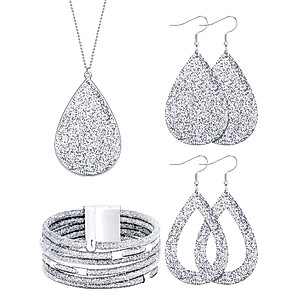 4 Pieces Women's Glitter Jewelry Set Bridal Wedding Multi-Layer Bracelet Faux Leather Dangle Earrings Necklace (Silver)