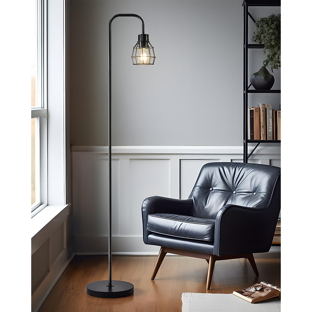 Oneach 63.75" Industrial Floor Lamp Modern Black Floor Lamp with Footswitch Metal Reading Tall Pole Light with 4W LED Bulb Standing Tall Lamp for Living Room Bedroom Office E26 Base