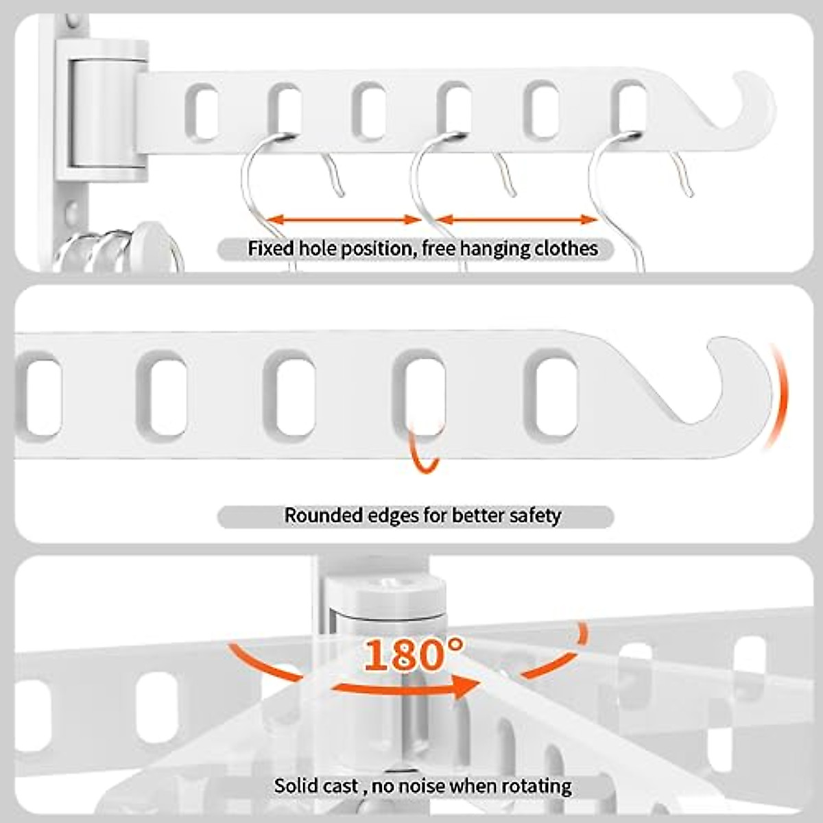 NUTSAAKK 2 Pack Folding Wall Mounted Clothes Hanger Rack with Swing Arm, Laundry Room Clothes Hanger Wall Mounted, Clothes Drying Rack with 6 Holes, 180°Rotation, Solid Aluminum (White)