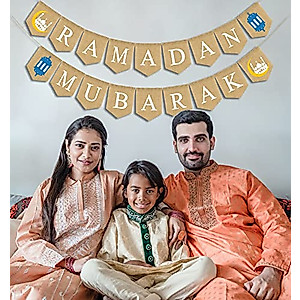 PTFNY Ramadan Mubarak Burlap Banner Muslim Ramadan Mubarak Bunting Banner Garland with Moon Castle Lantern Signs for Islamic Ramadan Eid Festival Celebration Mantle Fireplace Wall Party Decorations
