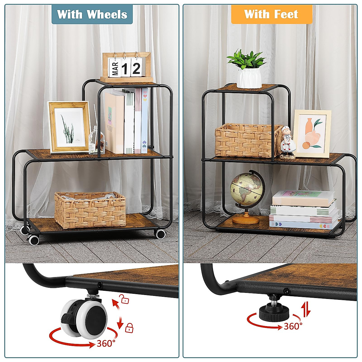 Luplom Side Table Set of 2, Couch End Tables for Small Spaces Narrow Bedside Table Chair Side Table with Wheels and Storage Dark Brown Night Stand for Bedroom Living Room, Rustic Brown