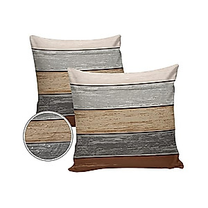 Outdoor Waterproof Throw Pillow Covers Set of 2, Vintage Country Wood Grain Outdoor Pillow Covers Decorative Cushion Covers for Patio Funiture Garden, 16 x 16 Inches, Farmhouse Barn Brown Grey