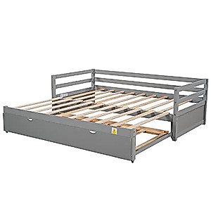 Classic Solid Wooden Daybed with Pop Up Trundle Twin to King Extendable Sofa Bed for Living Room Bedroom Guest Room Space Saving, Gray