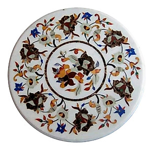 Pietra Dura White Marble Round 27" x 27" Inch Dining Table Top, Stone Coffee Table Top, Marble Centre Table Top Natural Indian Makrana White Marble Table Top, Piece Of Conversation