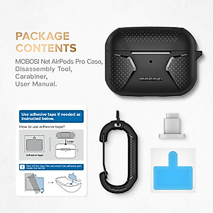 MOBOSI Net Series Silicone Airpods Pro Case Cover for AirPods Pro, Full-Body Rugged Shock Absorbing Protective Carabiner Compatible with Airpod Pro Wireless Charging, Black [Front LED Visible]