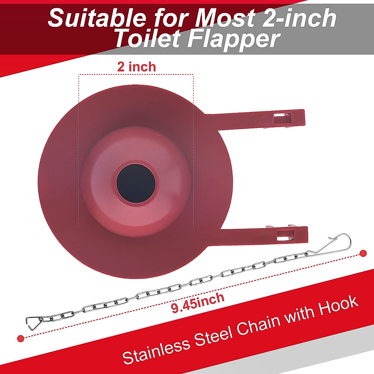 Toilet Flapper Replacement Kit, 2-inch Toilet Stopper Flush Valve Seal Compatible with American Standard Toilet, Long-Lasting Rubber Seal Flapper with Stainless Steel Chain-Red(Pack of 2)