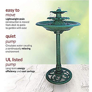 Alpine Corporation 35" Tall Outdoor 3-Tiered Pedestal Water Fountain and Birdbath, Green