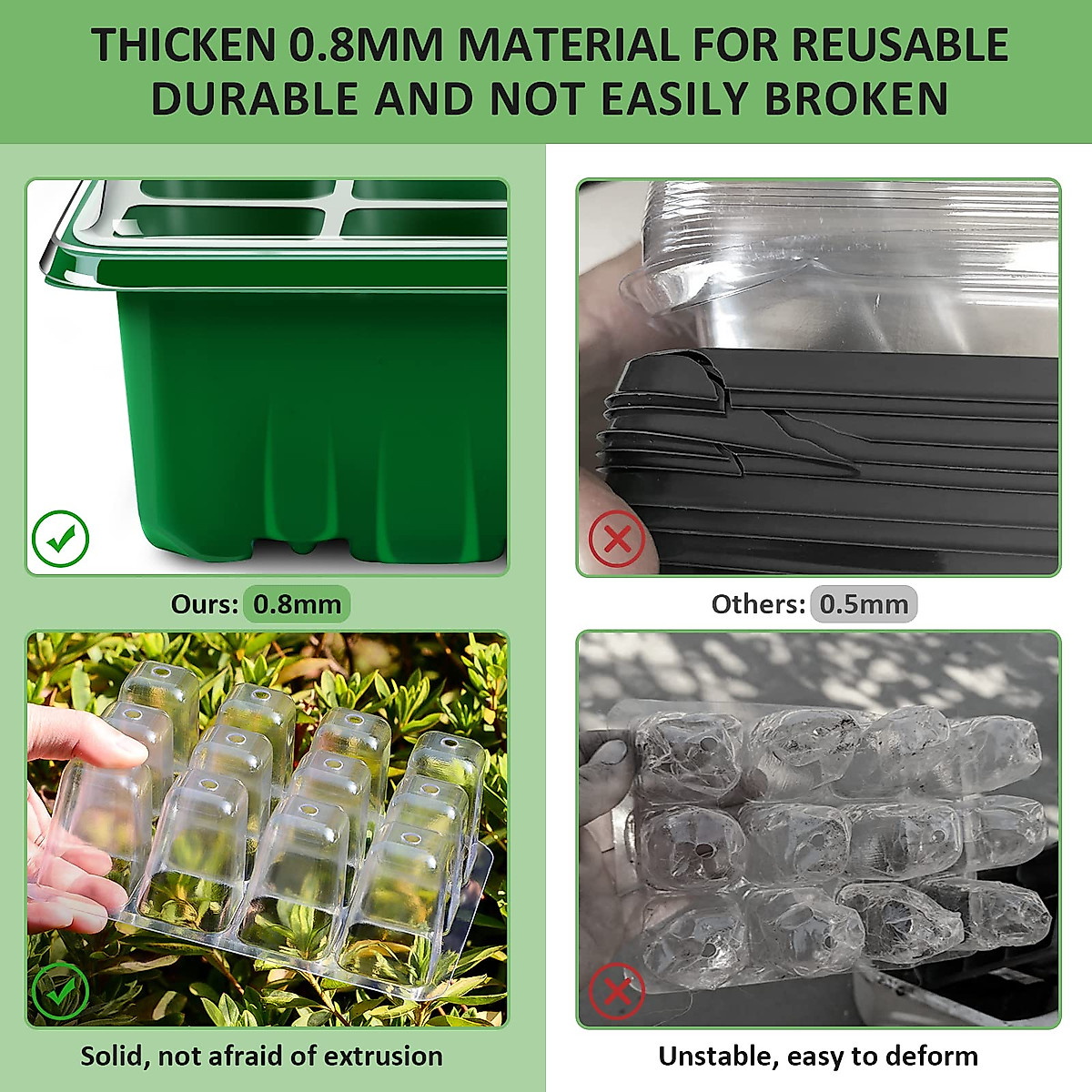 YAUNGEL Seed Starting Trays, 12 Pack 144 Cells Thicken Seed Starter Tray Kit with Humidity Dome/Clear Lids Durable Growing Trays for Greenhouse & Gardens, Green