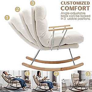Wahson Rocking Chair with Reclining Back, Faux Sherpa Upholstered Comfy Glider Chair with Adjustable Back, for Living Room/Bedroom, Cream