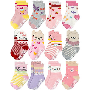 RATIVE Non Skid Anti Slip Cotton Dress Crew Socks with Grips for Baby Infant Toddler Kids Girls (3-5T, RG-820821)