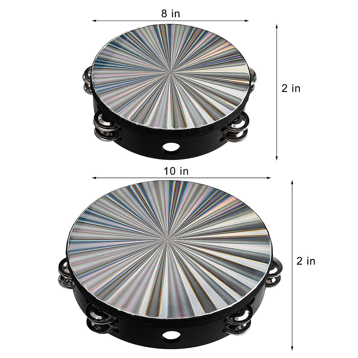 YOUEON 2 Pack Radiant Tambourine with Double Row Jingles, 8/10 Inch Wood Handbell Music Reflective Drum, Hand Drum Percussion Instrument for Church, Tambourine for Dance, Party, KTV