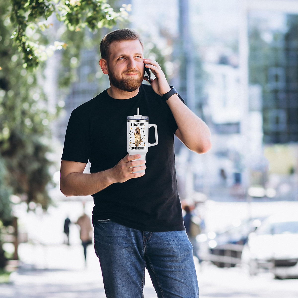 Dog Mom 40 oz Insulated Tumbler with Handle and Straw - Travel Coffee Mug for Women, Dog Lover Gifts (Bloodhound Gifts)