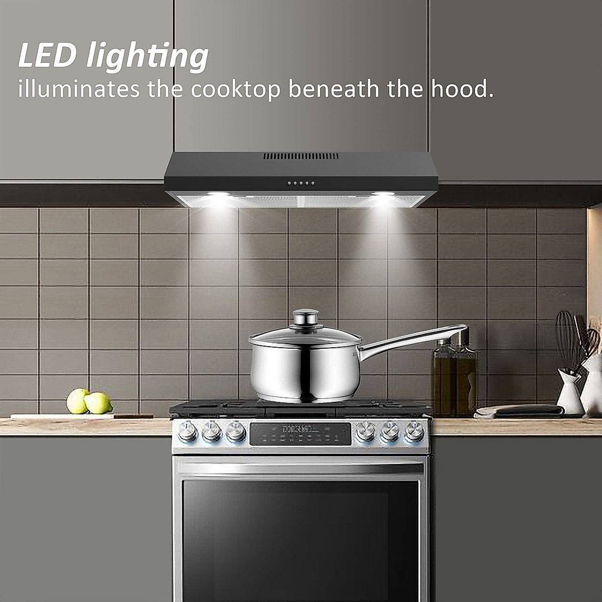 Black Range hood 30 inch, 300CFM Under Cabinet Range Hood with Ducted/Ductless Convertible Slim Kitchen Over Stove Vent, 3 Speed Exhaust Fan, LED Lights, Vent Hood with Charcoal Filter