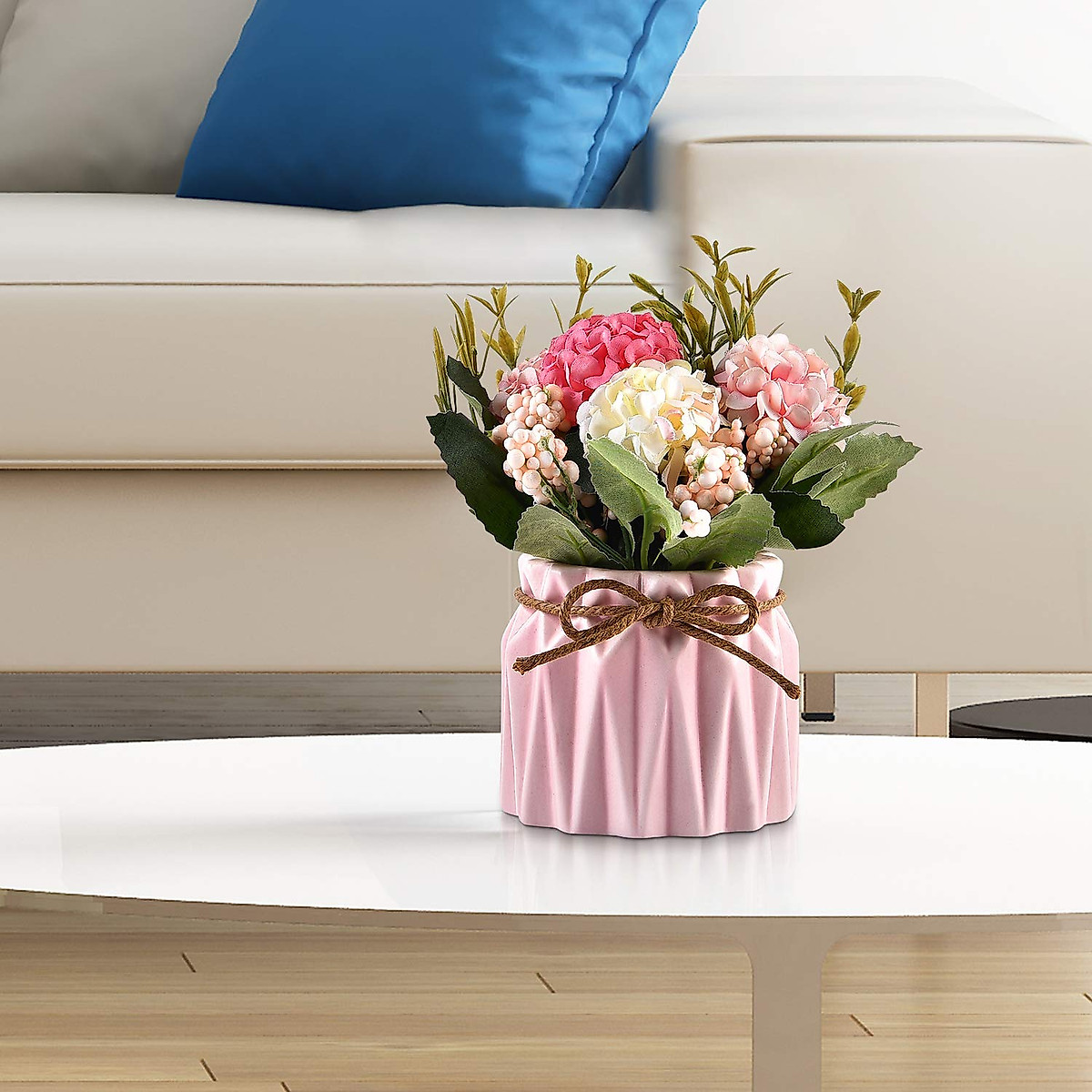 Sunm Boutique Artificial Hydrangea Bouquet with Small Ceramic Vase, Artificial Hydrangea Flower Potted Fake Variety Silk Flower Bonsai for Table Party Office Wedding Home Decor, Pink