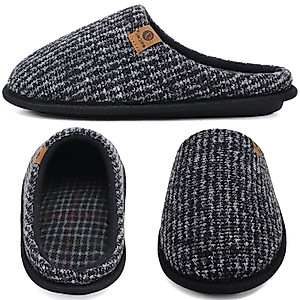 ONCAI Mens Black Knit Stripes Cozy Memory Foam scuff Slippers Slip On Warm House Shoes Indoor/Outdoor With Best Arch Surpport Size 11
