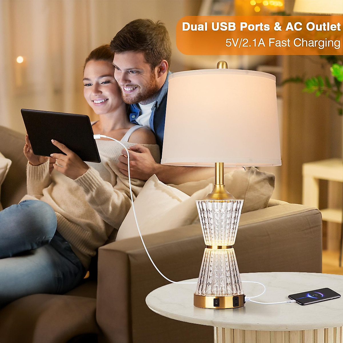 26" Modern Table Lamps, Gold Set of 2 Table Lamps Night Light with 2 USB Charging Ports & AC Outlet, Bedside Nightstand Lamp White Shade for Living Room Bedroom Home Decor(2 LED Bulbs Included)