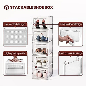 Crestlive Products 18 Pack Shoe Storage Box, Plastic Foldable Shoe Box, Stackable Clear Shoe Organizer Bins, Drawer Type Front Sneaker Containers (X-Large/White)