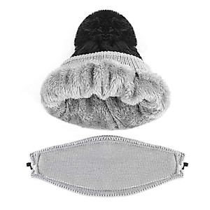 3 in 1 Winter Knitted Beanie Hat Scarf Mouth Mask Set for Girls Boys Kids, Warm Fleece Lined Ski Cap with Pompom Neck Warmer (Black)