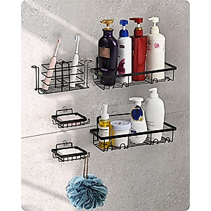 Baffect Shower Caddy, 5-Pack Non-marking Self Adhesive Shower Shelves, Black Bathroom Shower Caddy Shelf with Hooks Bathroom Essentials