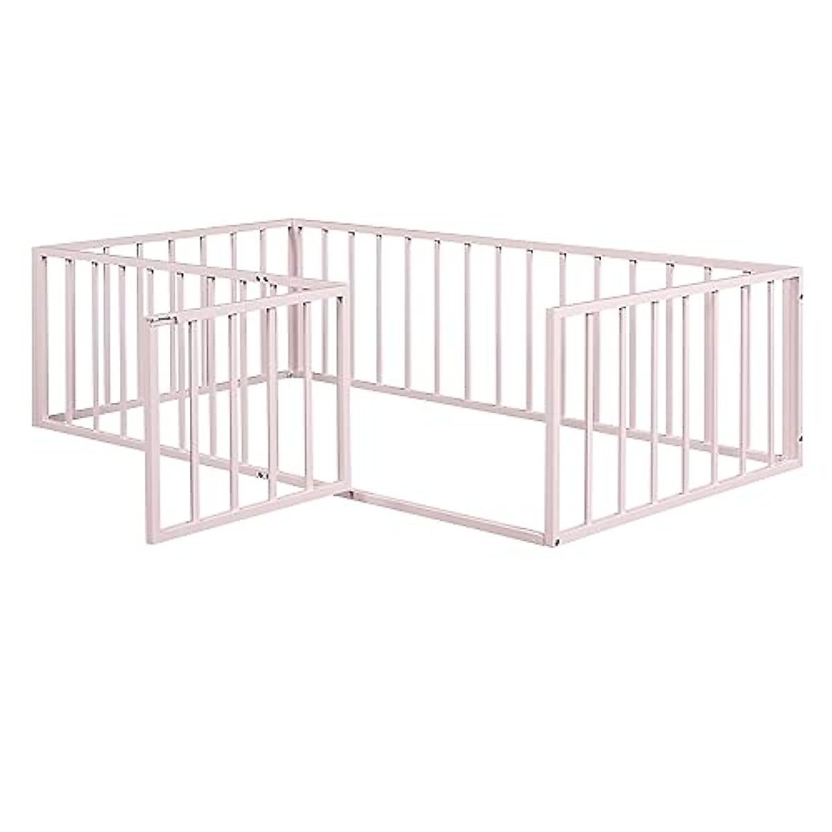 DNYN Twin Size Metal Floor Bed Frame with Door for Kids Bedroom,Metal Struture Bedframe w/Fence,No Box Spring Needed,77" x 41.1"x 21.7"H, Pink