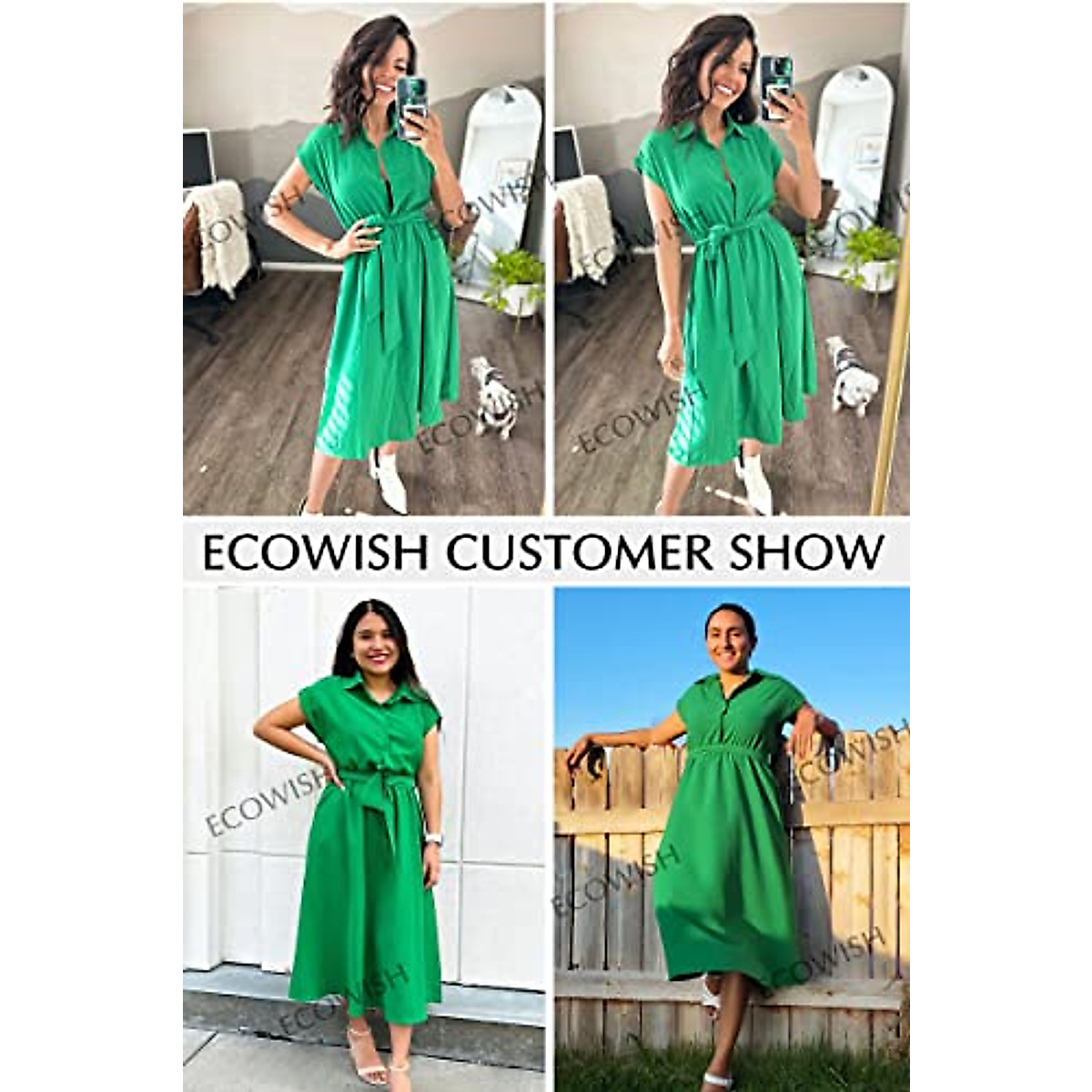ECOWISH Womens Casual Midi Dresses Solid V Neck Short Sleeve Shirt Dress with Pockets for Spring Summer 2023 Green L