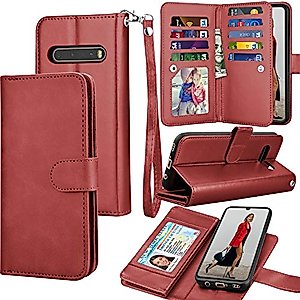 Tekcoo Wallet Case for LG V60 ThinQ/LG V60 ThinQ 5G UW, Luxury PU Leather ID Cash Credit Card Slots Holder Carrying Pouch Folio Flip Cover [Detachable Magnetic Hard Cases] Lanyard [Wine Red]