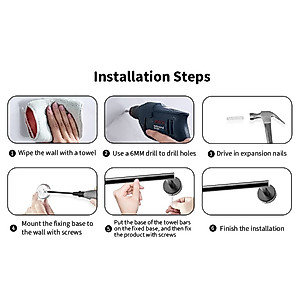 Newfun 24 Inch Matte Black Bathroom Towel Bar,2Pcs Towel Racks for Bathroom Rod Classic SUS304 Stainless Steel Bathroom Towel Holder Wall Mounted