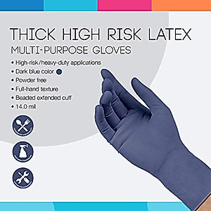 ASAP Thick High Risk Latex Powder Free Industrial Multi-Purpose Gloves, 12 inch Extended Cuff, Disposable, 14 mil, Dark Blue (Large - Box of 50)