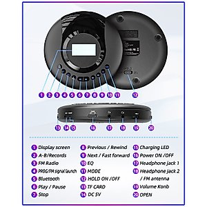 CD Player Portable ARAFUNA, Portable CD Player Bluetooth with FM Radio, 2000mAh Rechargeable CD Player for Car with LCD Screen, Anti Shock Protection Walkman CD Player with Headphone, AUX Cable