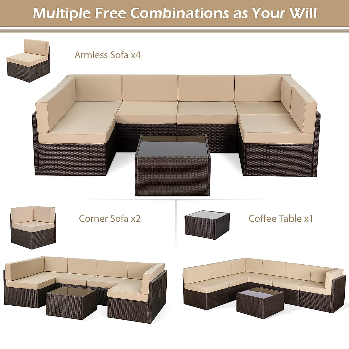 AECOJOY 7 Piece Outdoor Patio Furniture Set, Outdoor Sectional Conversation Furniture Chair with Coffee Table,Patio Sectional for Garden,Backyard(Khaki Cushions and Brown PE Rattan)
