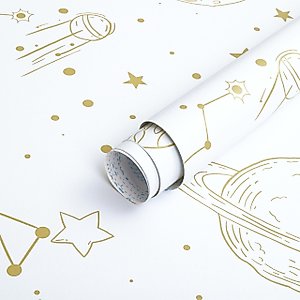 Feisoon Gold Star Wallpaper White Peel and Stick Wallpaper Kid's Bedroom Wallpaper White Moon Wallpaper 16.14"x78.7" Waterproof Contact Paper Self Adhesive Wallpaper Removable Contact Paper Vinyl Roll