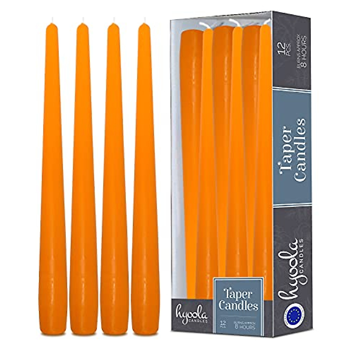Hyoola Tall Taper Candles - 10 Inch Orange Unscented Dripless Taper Candles - 8 Hour Burn Time - 12 Pack