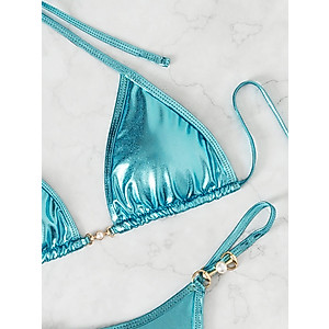 Verdusa Women's 2 Piece Metallic Bikini Sets Swimwear Halter String Triangle Swimsuit Teal Blue M