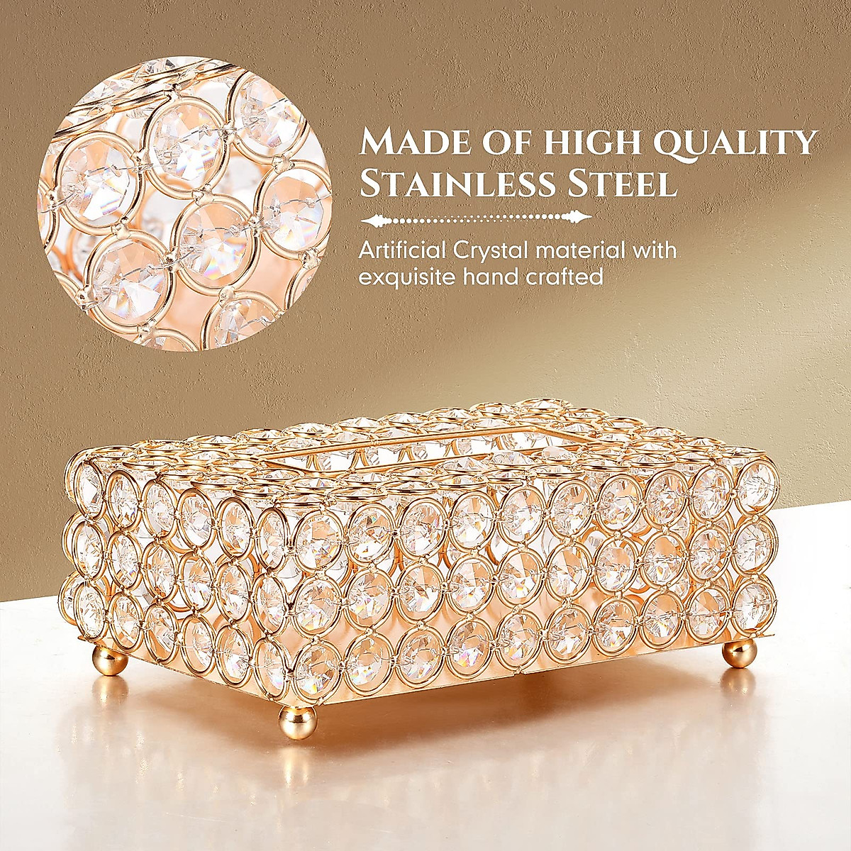 2 Pieces Rectangular Crystal Tissue Box Cover Crystal Tissue Box Holder Bling Tissue Holder Decorative Toilet Paper Box Rectangle Steel Napkin Case Napkins Container for Bathroom Table Decor (Gold)