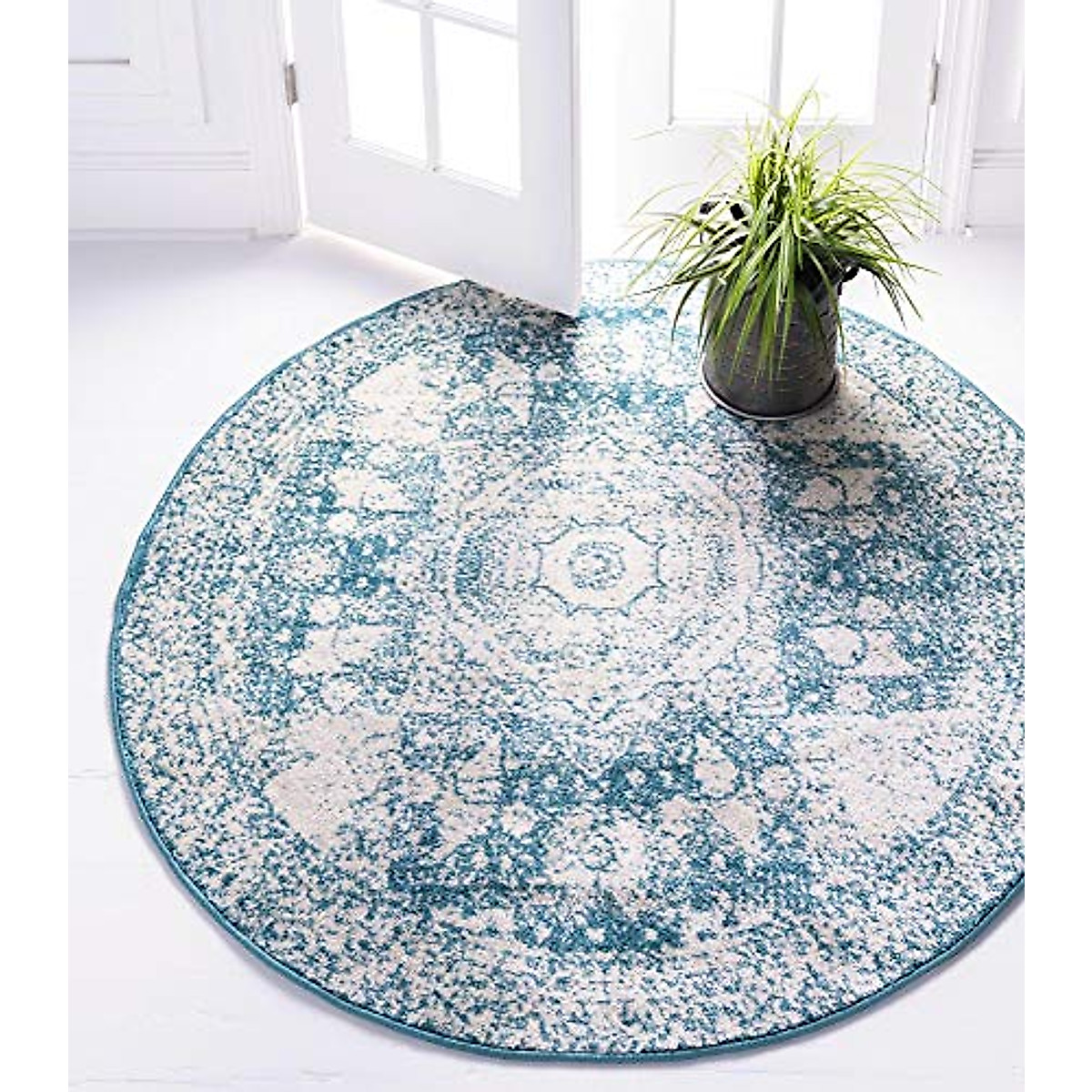 Rugs.com Dover Collection Rug – 5 Ft Round Turquoise Low-Pile Rug Perfect for Kitchens, Dining Rooms