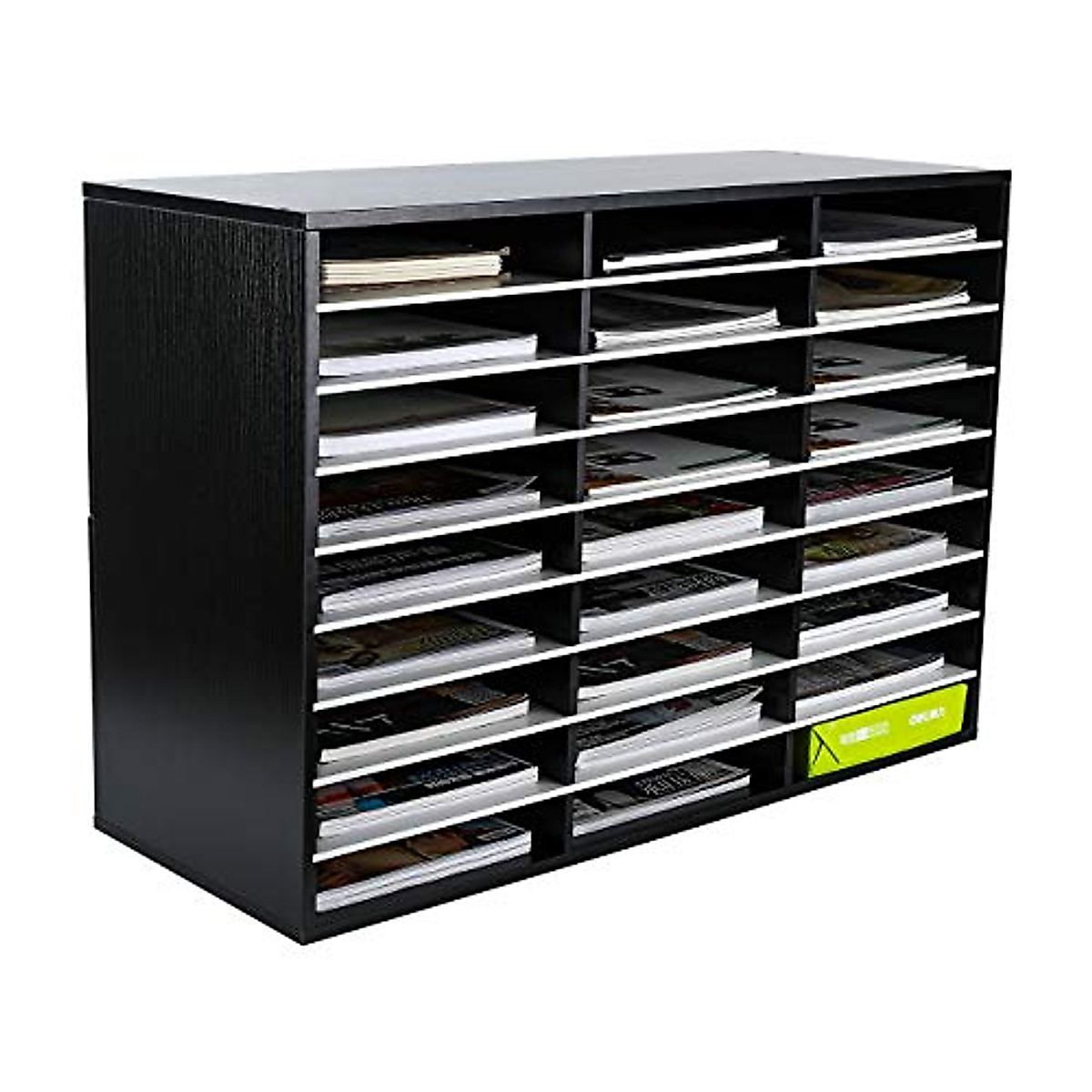 PAG Wood Literature Organizer Office Home File Sorter Mail Center Paper Storage Holder Classroom Keepers Mailbox, 27 Slots Compartment, Black&White