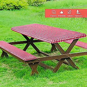 TURSTIN 3 Pieces 72 Inch Vinyl Picnic Table and Bench Fitted Tablecloth Cover Elastic Plastic Tablecloth Waterproof Checkered Table Cover for Picnic Indoor Outdoor Dining, Red and White